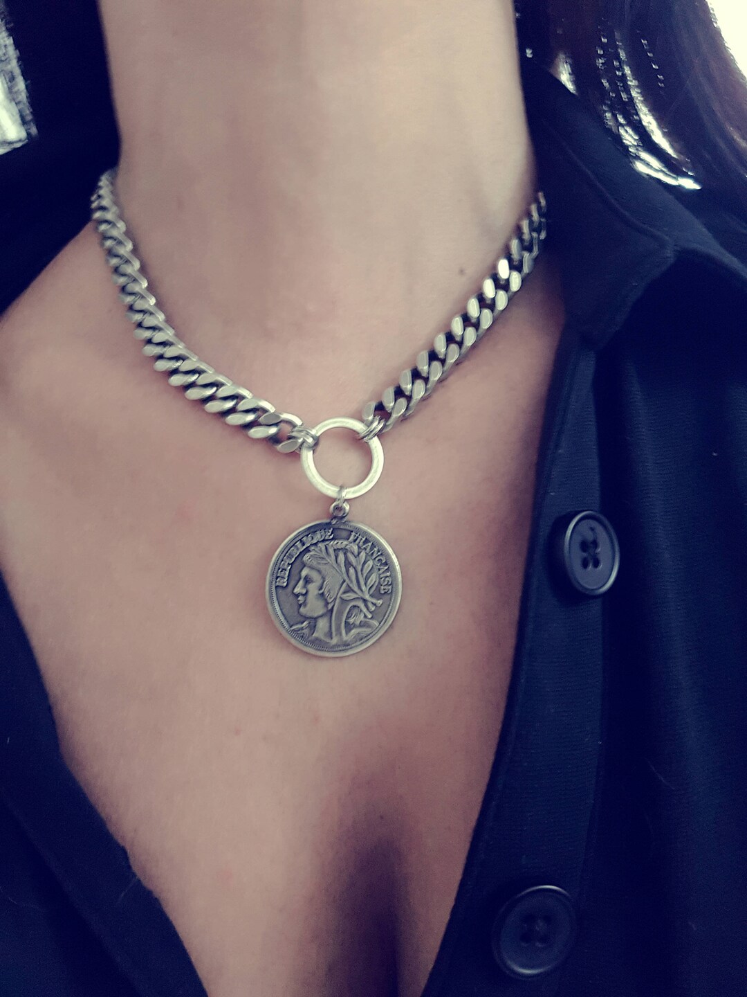 Silver Coin Necklace - Statement Coin Pendant Necklace - Chunky Link ...