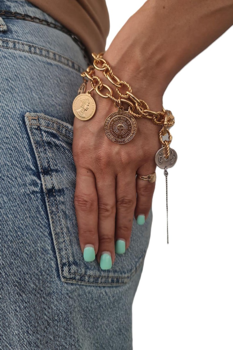 Layered Oval Chain With Large Dangle Coin Charm & Toggle Clasp: Mixed ...