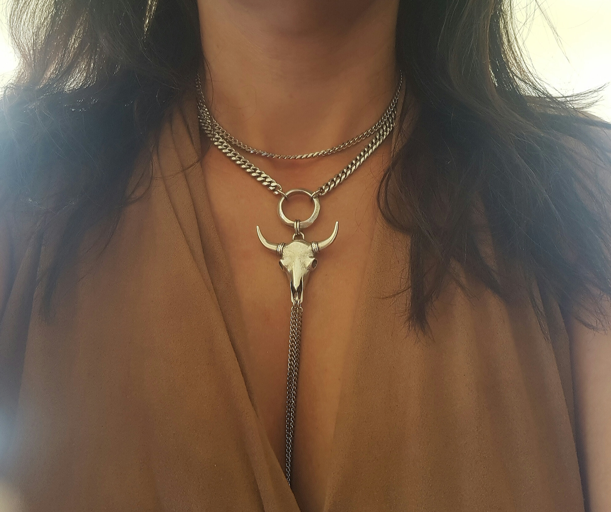 Longhorn Pendant on Double Chain: Bull Skull Necklace, Silver Plated ...