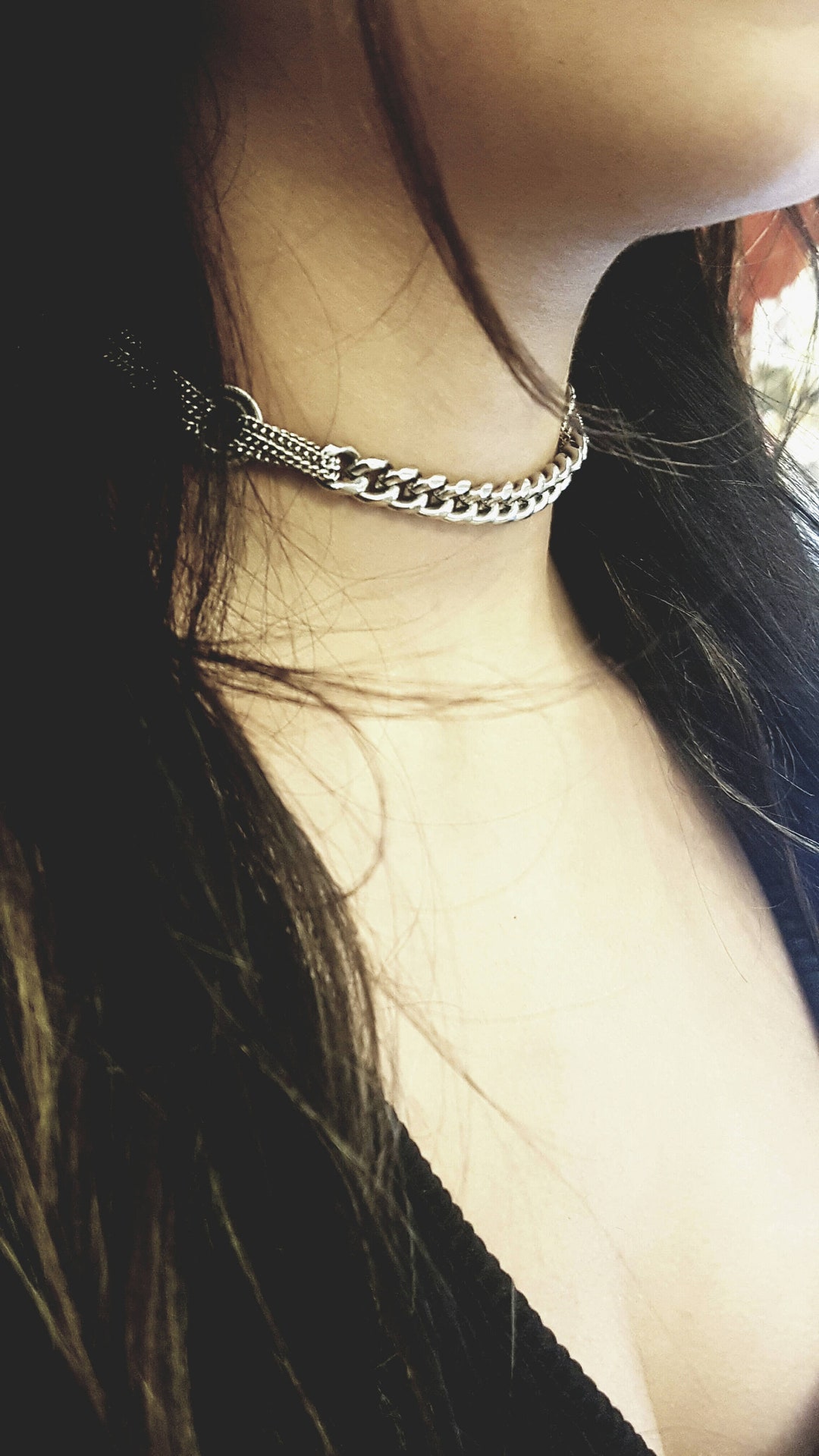 Silver Choker Necklace, Chunky Curb Chain Necklace, O Ring Charm ...