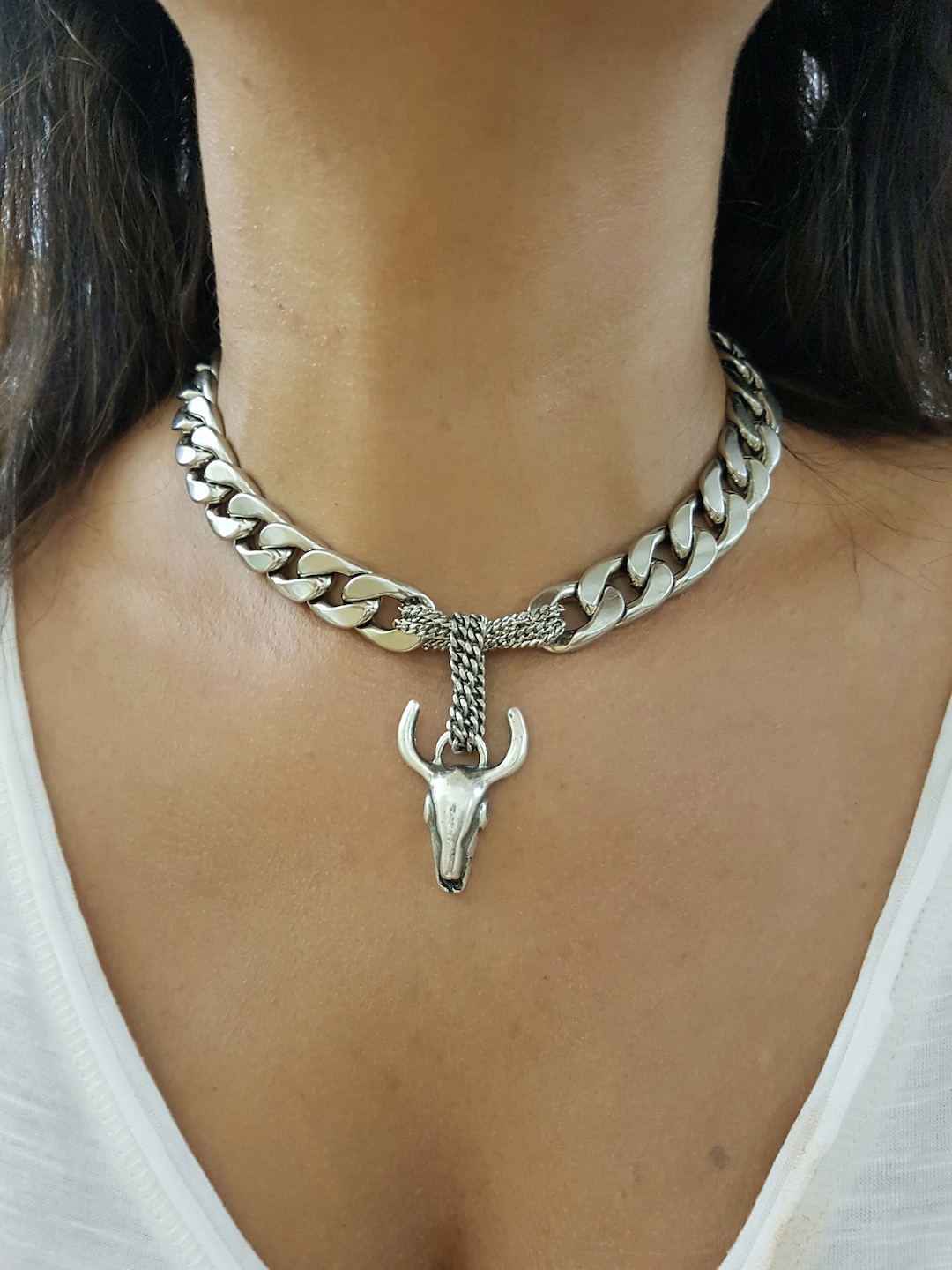 Bull Necklace - Statement Link Necklace - Buffalo Pendant Necklace ...