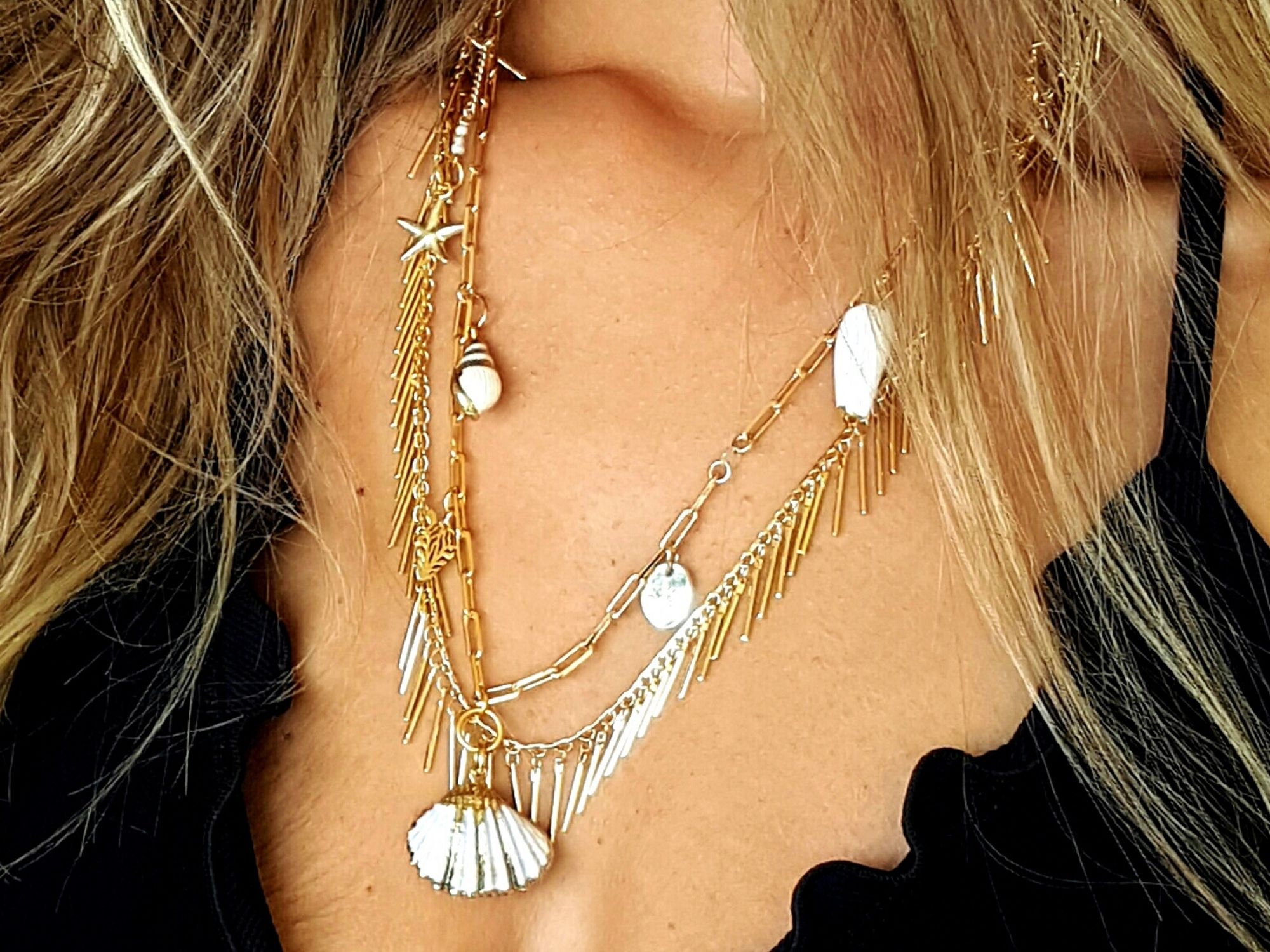 SET of 2 Necklace Gold Shell Necklace Layered Fringe | Etsy