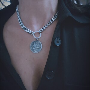 Silver Coin Necklace - Statement Coin Pendant Necklace - Chunky Link ...
