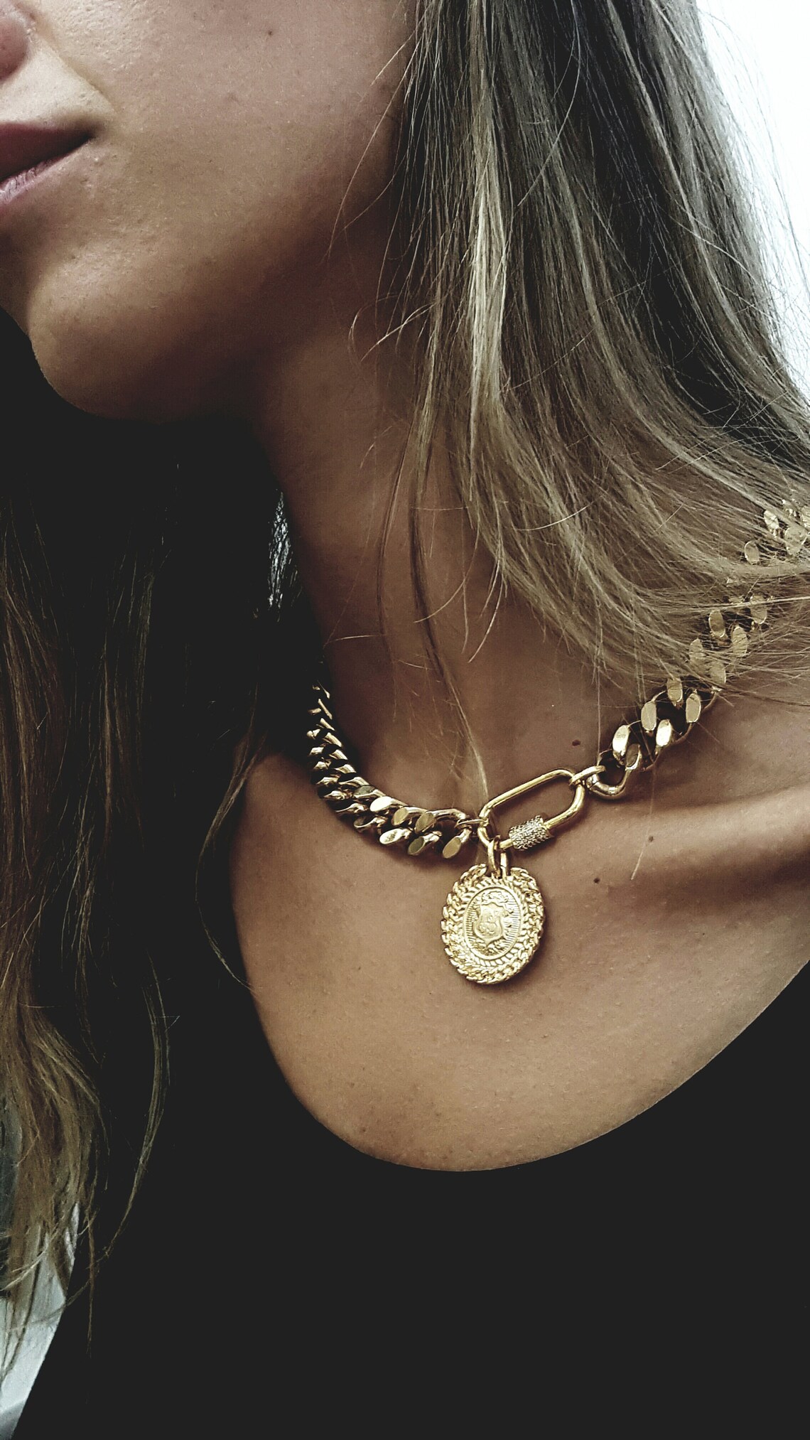 Statement Link Necklace, Gold Curb Necklace, Medallion Necklace, Chunky ...