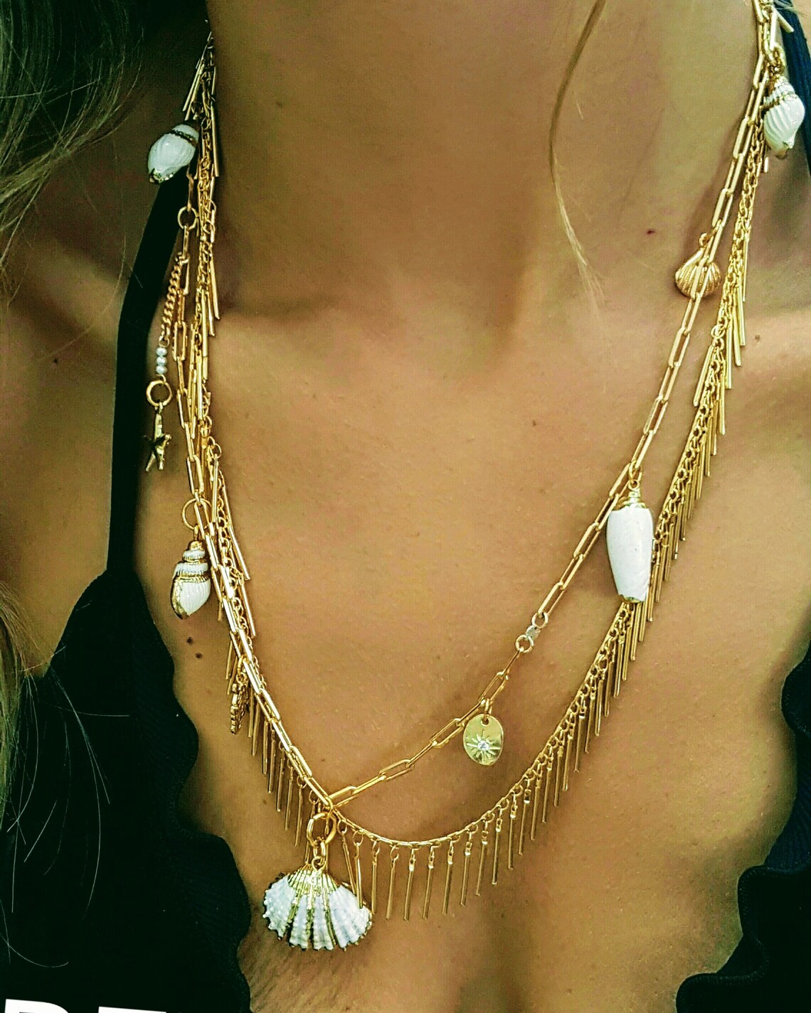 SET of 2 Necklace Gold Shell Necklace Layered Fringe | Etsy