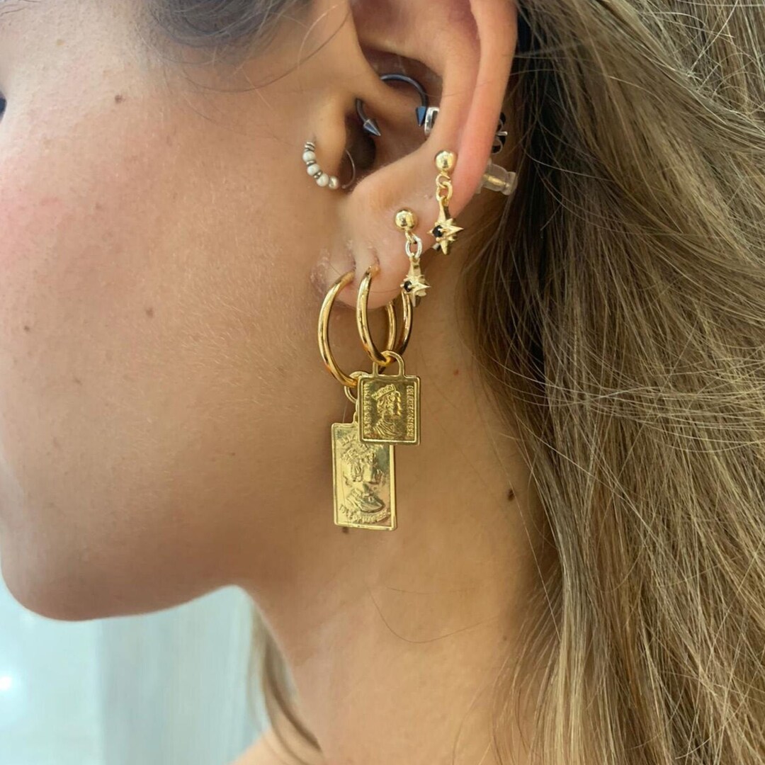 Gold Coin Earrings Medallion Earrings, Medal Earrings, Dangle Coin ...
