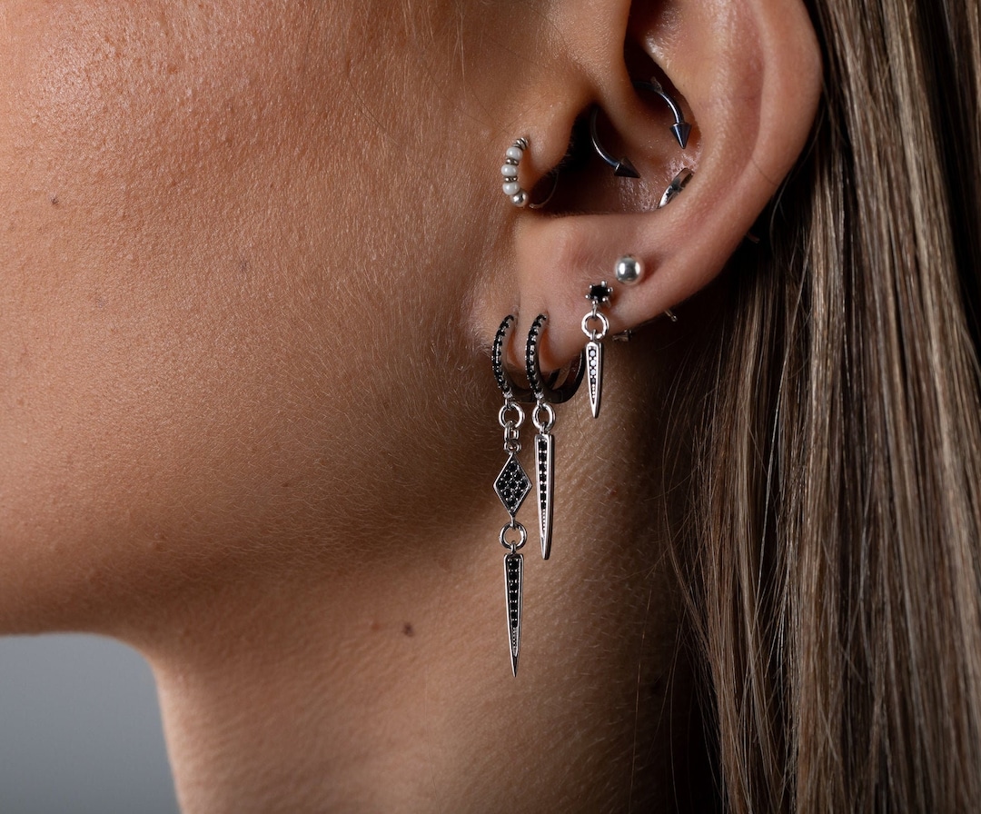Stacking Earring: Sterling Silver Black CZ Hoop Earrings - Dangle Drop ...