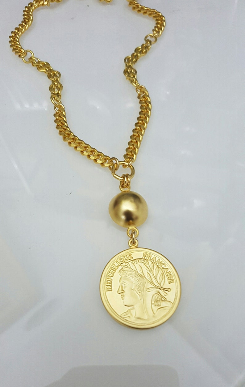 Matte Gold Coin Necklace Chunky Link Medal Necklace BOHO - Etsy