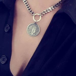 Silver Coin Necklace - Statement Coin Pendant Necklace - Chunky Link ...