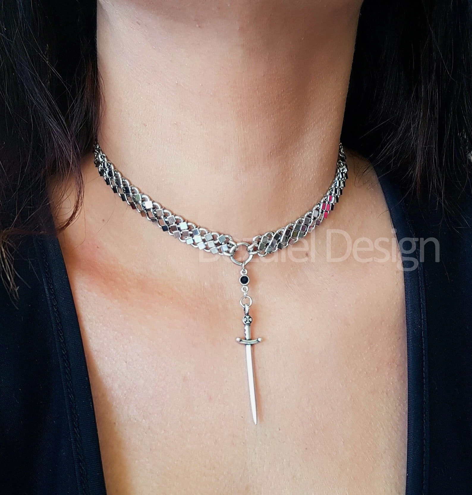 Sword Necklace Silver Sword Pendant Links Chain Choker - Etsy Israel