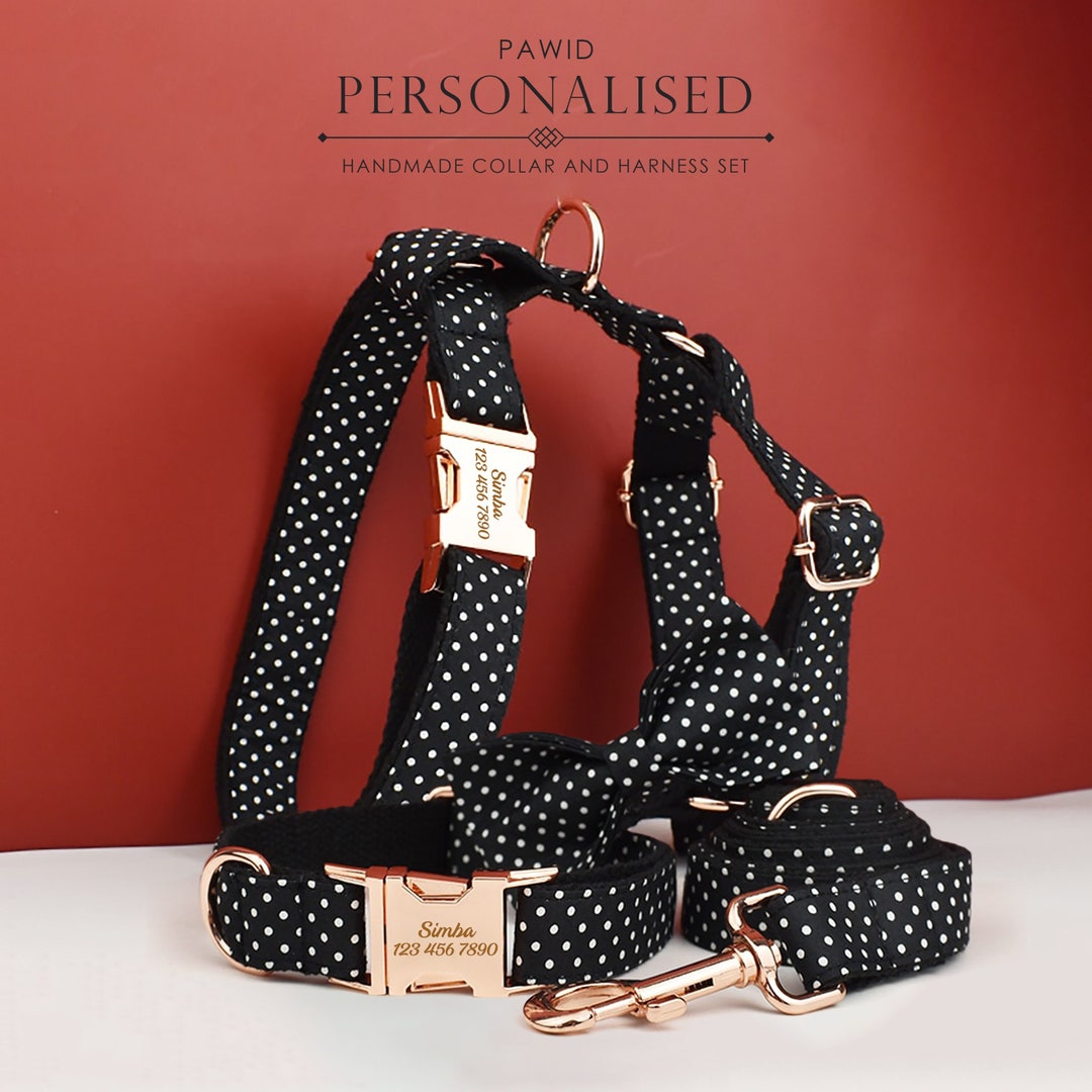 Black White Polka Dot Dog Harness, Custom Dog Collar With Name, Bowtie ...