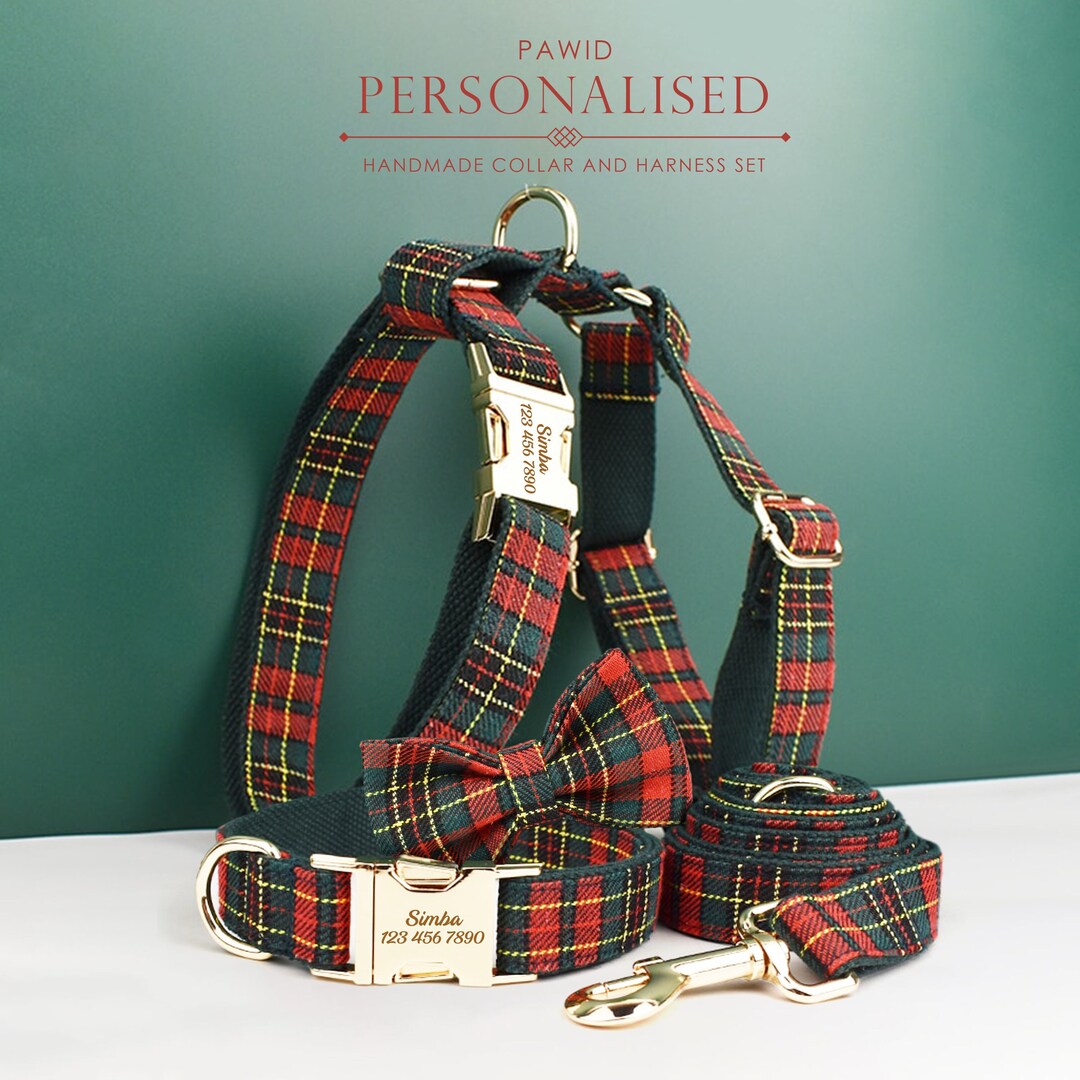 Personalized Tartan Dog Collar, Harness, Bow, Leash for Christmas New ...