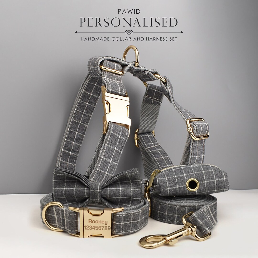 Personalized Gray Plaid Dog Collar or Checker Pattern, Custom Buckle ...