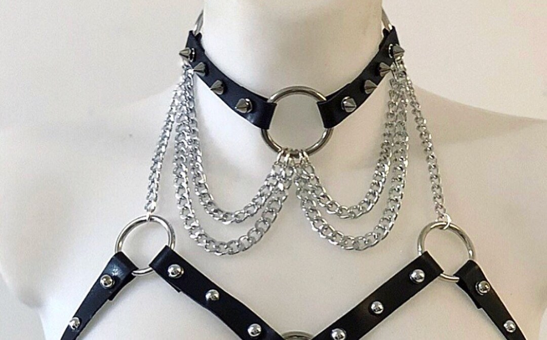 Black Faux Leather Spiked Multi Chain O Ring Chain Statement Choker ...