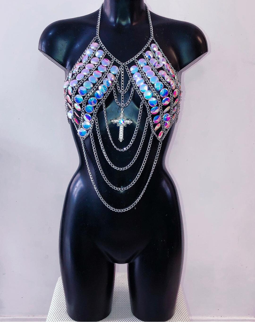 Festival Top Iridescent Holographic Sliver Chain Halter Top Body Chain ...