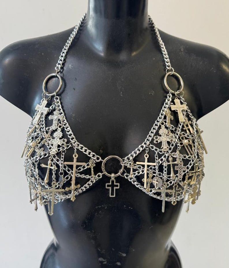 Handmade Crucifix Bra Bodychain Silver Chain Bra Bralette Bodychain ...