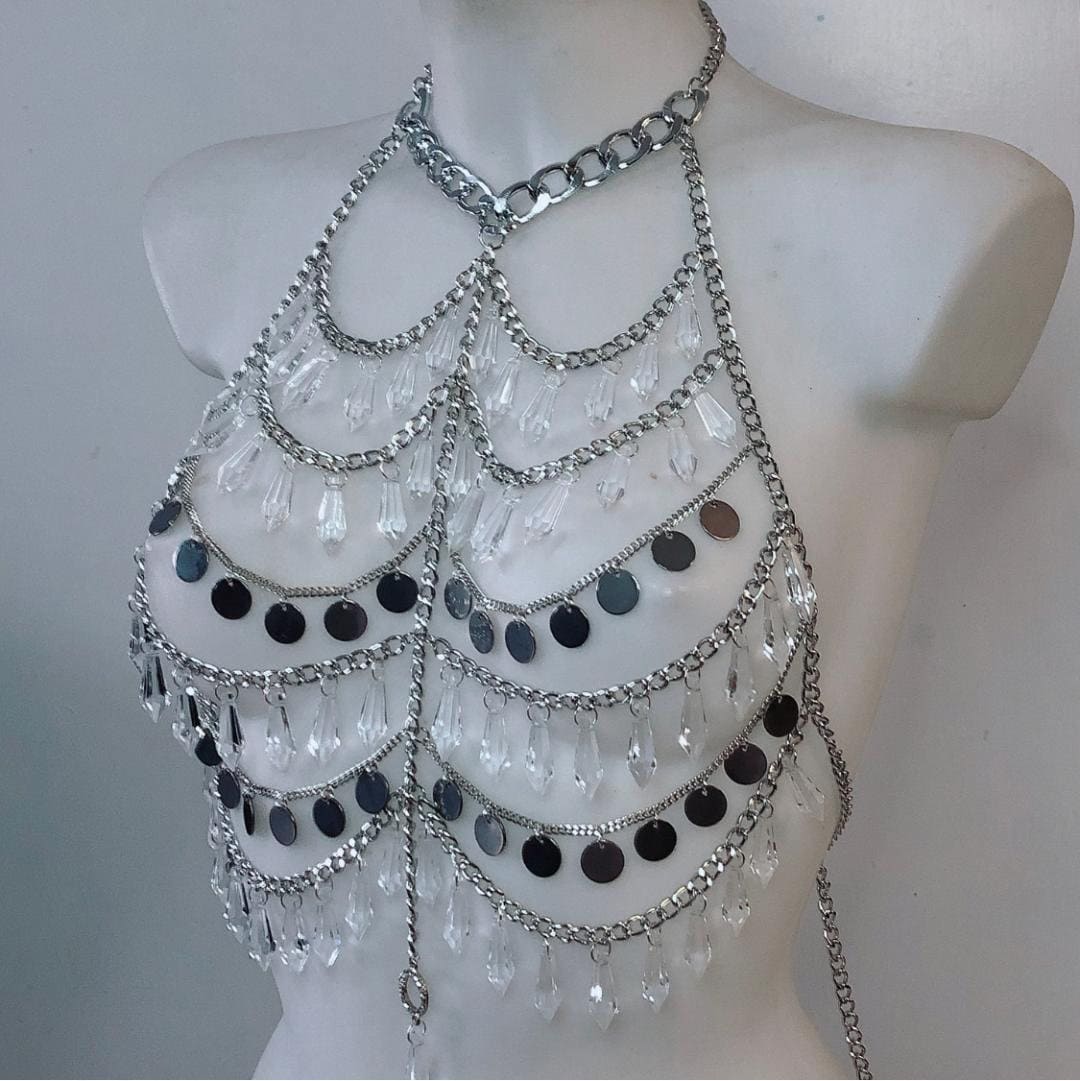 Festival Multi Layered Clear Faceted Drop Beads Tassel Halter Silver ...