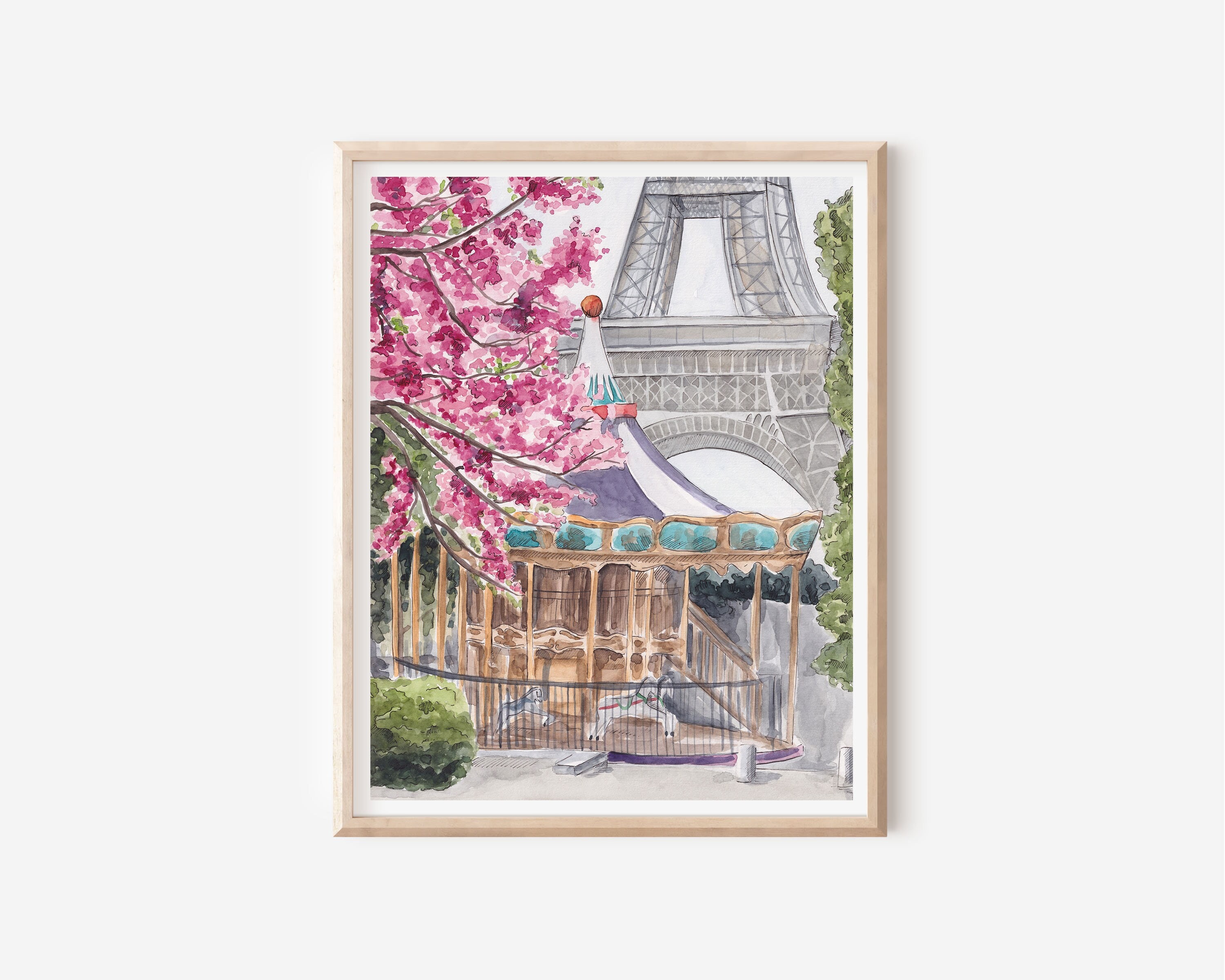 Paris Carousel Print Paris Poster Eiffel Tower Poster Parisian Wall Decor France Travel Art ...