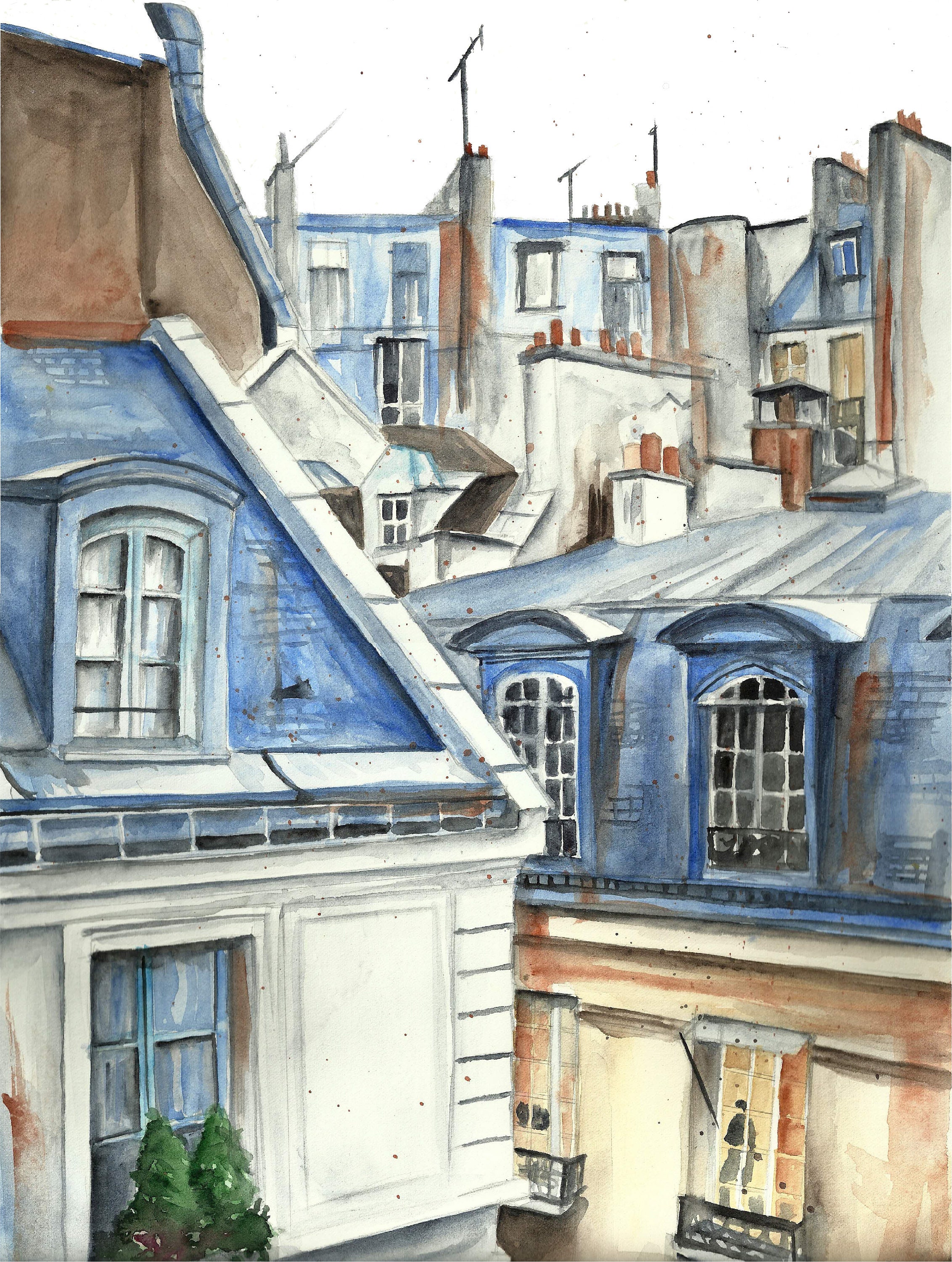 French Rooftops - Blue Paris Watercolor Print - Parisian City Scene ...