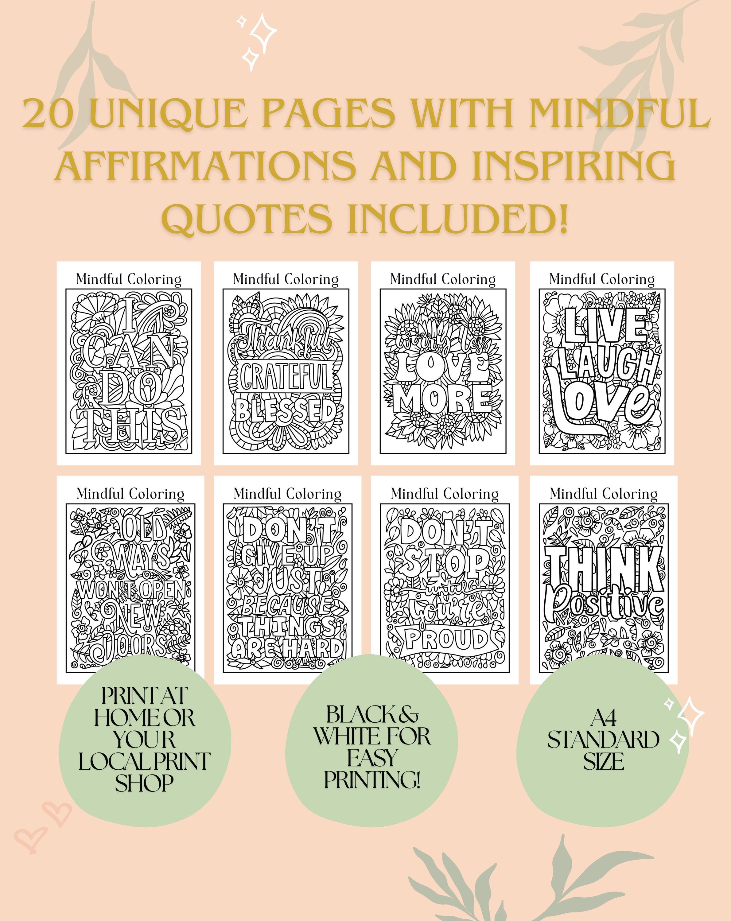 Mindful Coloring Pages, Positive Affirmation Worksheets for Adults ...
