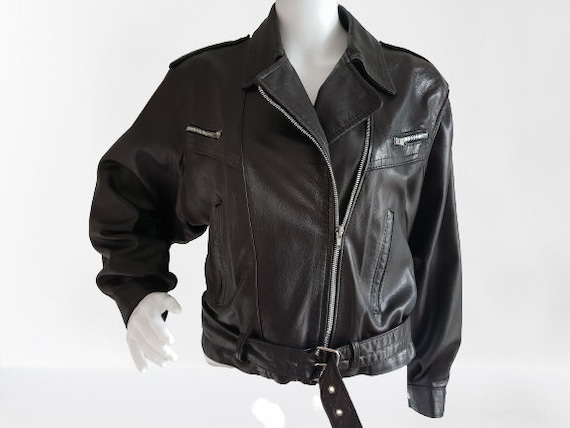 Vintage Black Leather Biker Rocker Motorcycle Jacket … - Gem