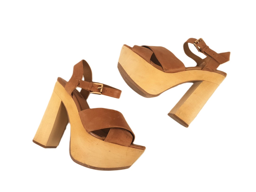 70s Style Clogs Sandals , Wedges Platform Shoes , Brown Leather ...