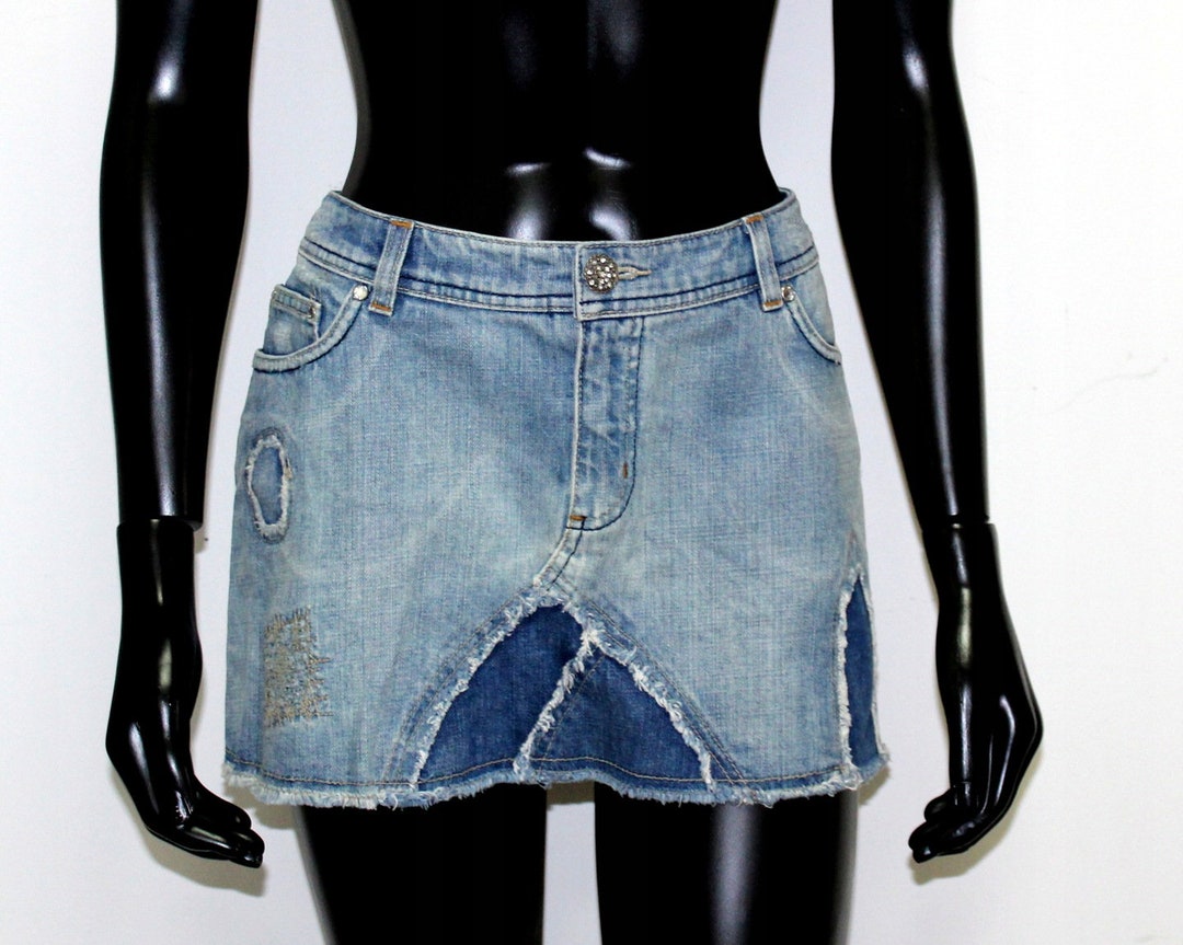 Vintage Jeans Skirt /DIY Patchwork Blue Denim Mini Skirt / Hippie Boho ...