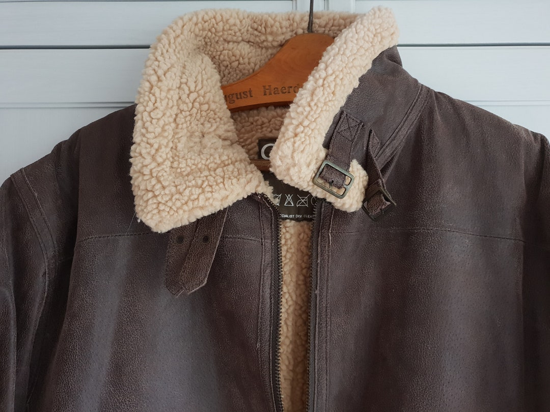 Vintage Aviator Jacket Fur Sherpa Leather Winter Brown Beige Hipster ...