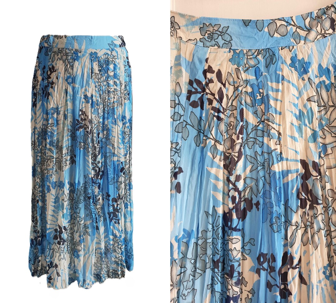 Vintage Skirt Midi Pleated Skirt by Steilmann / Blue White Black Print ...