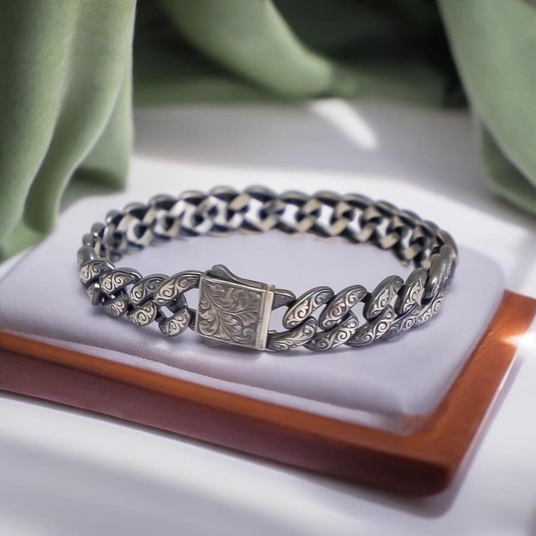 Cuban Link Bracelet for Men - Chunky Heavy Engraved Curb Chain ...