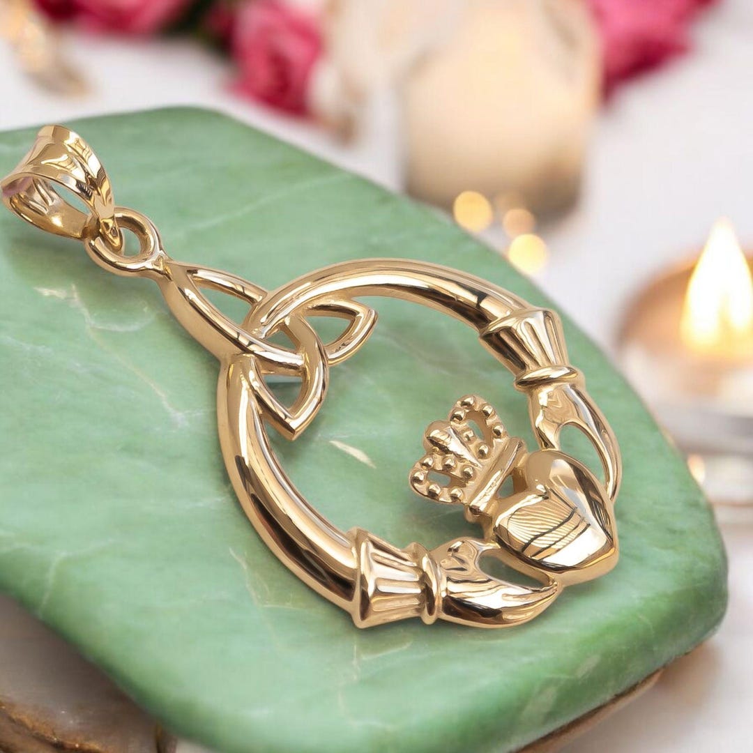 14K Solid Gold Irish Claddagh Pendant With Celtic Trinity Knot ...