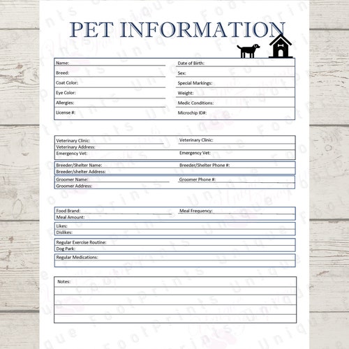 Pet Information Sheet-dog Care Sheet Dogcare Business Dog - Etsy