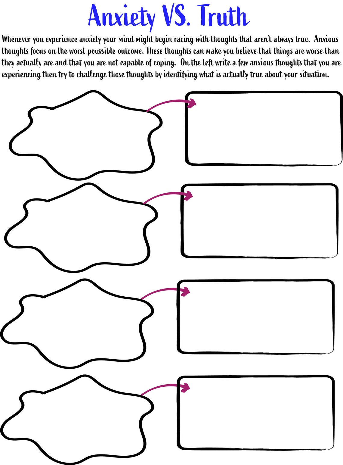 Anxiety Vs Truth Worksheet, Anxiety and Truth Worksheet, Anxiety and ...