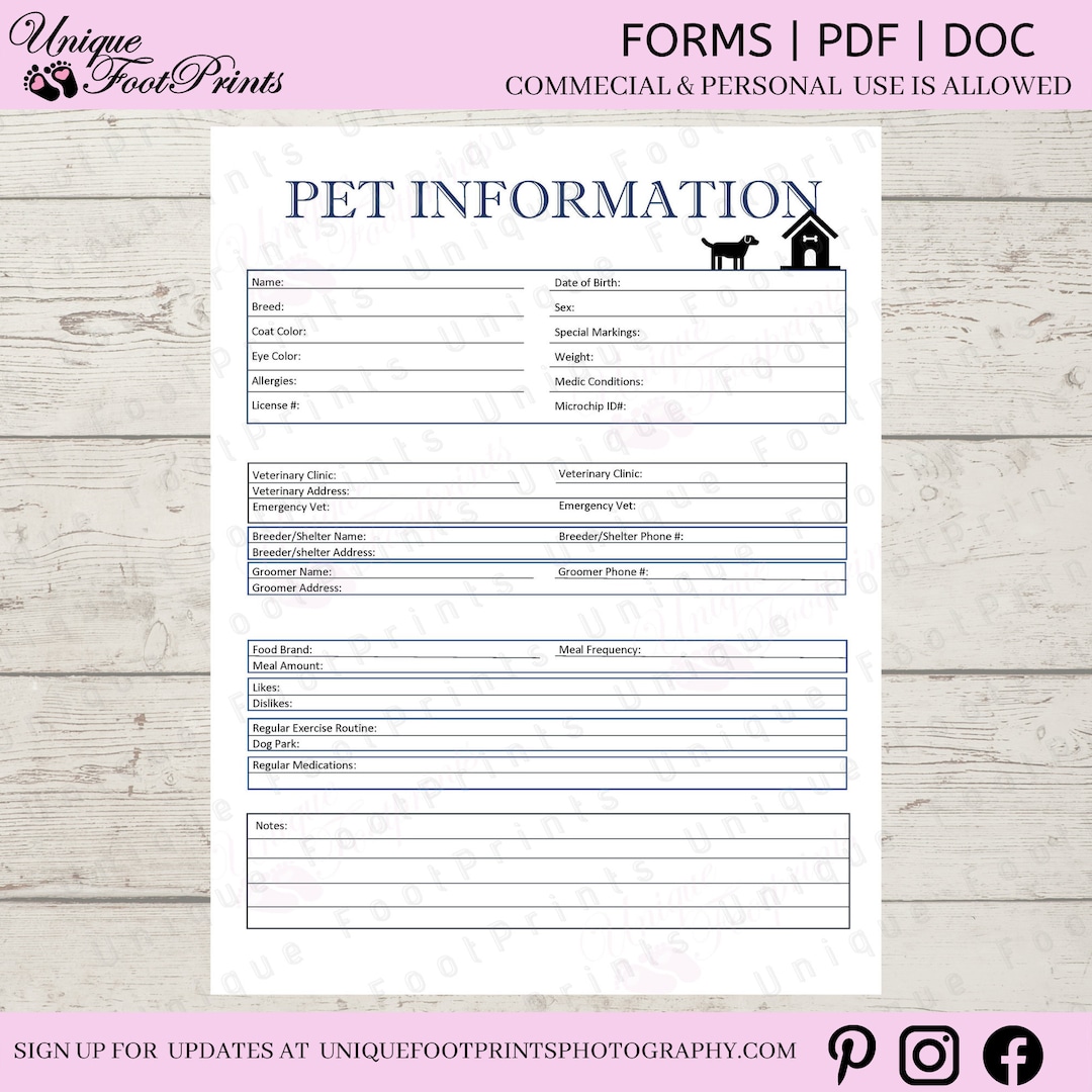 Pet Information Sheet-dog Care Sheet- Dogcare Business- Dog Care ...