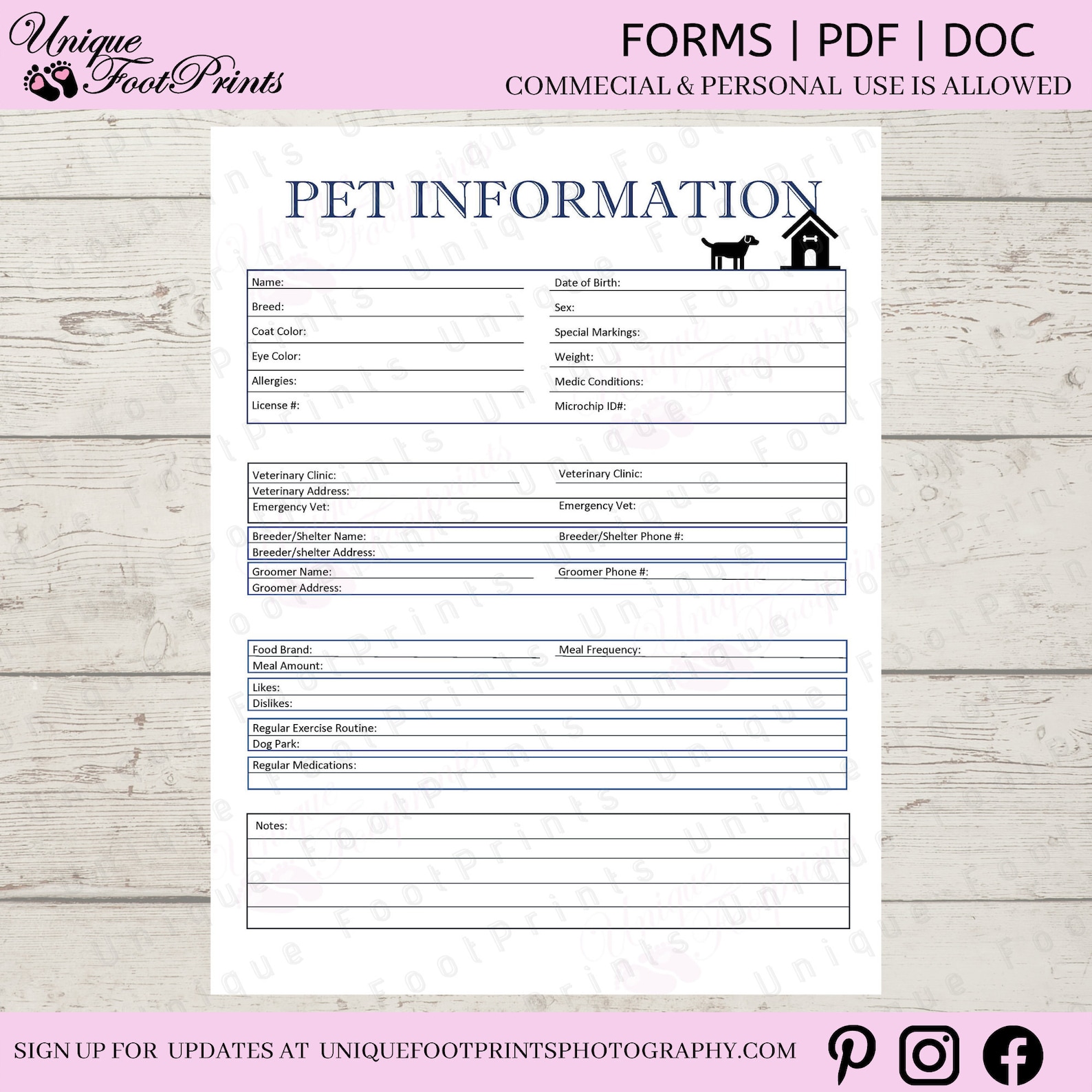 Pet Information Sheet-dog Care Sheet- Dogcare Business- Dog Care ...