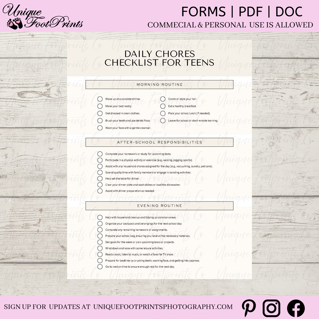 Chore Chart for Teens Printable ADHD Help Cleaning Planner Fillable PDF ...