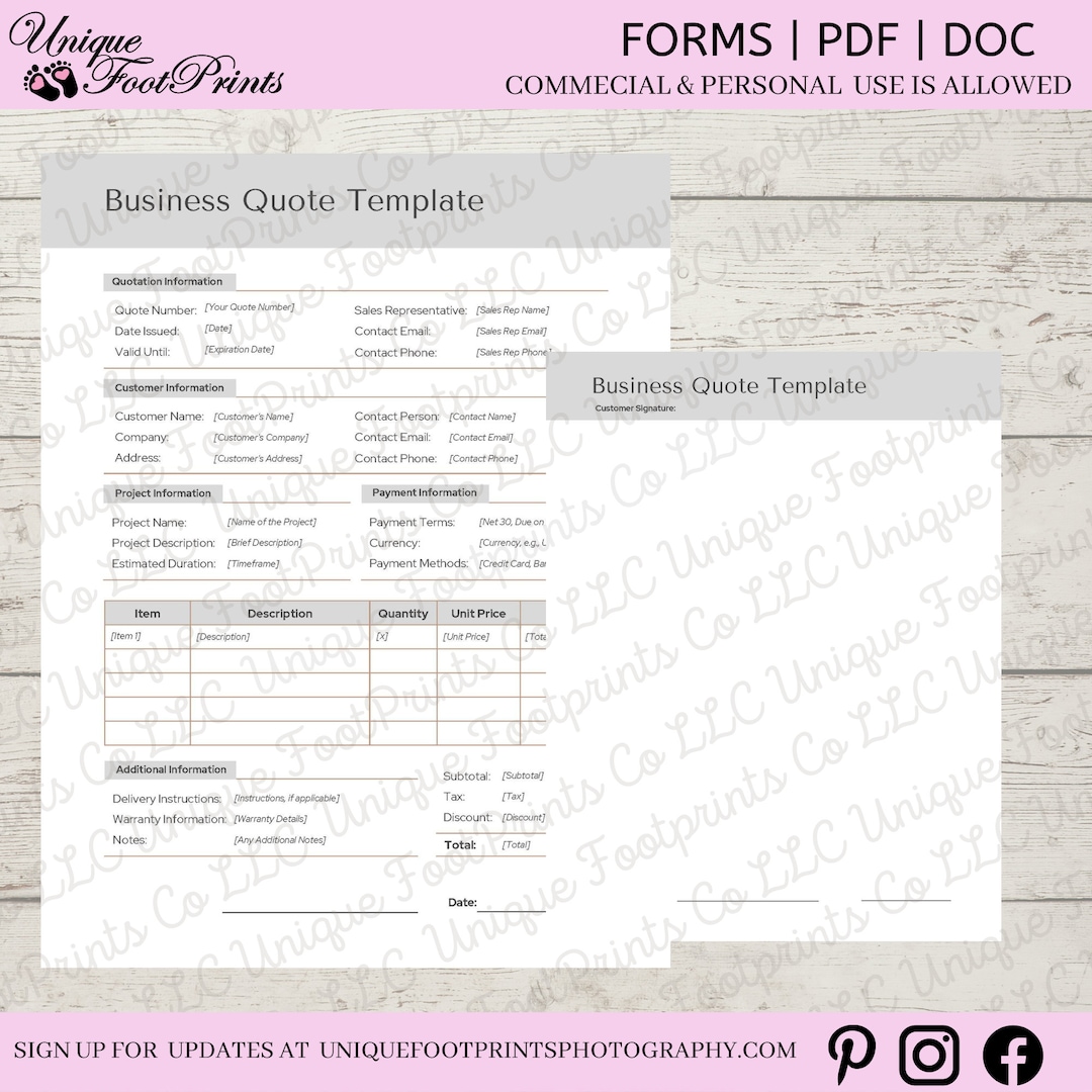 Quote Template. Pdf/google Docs/microsoft Word. Quote Form. Job Quote ...
