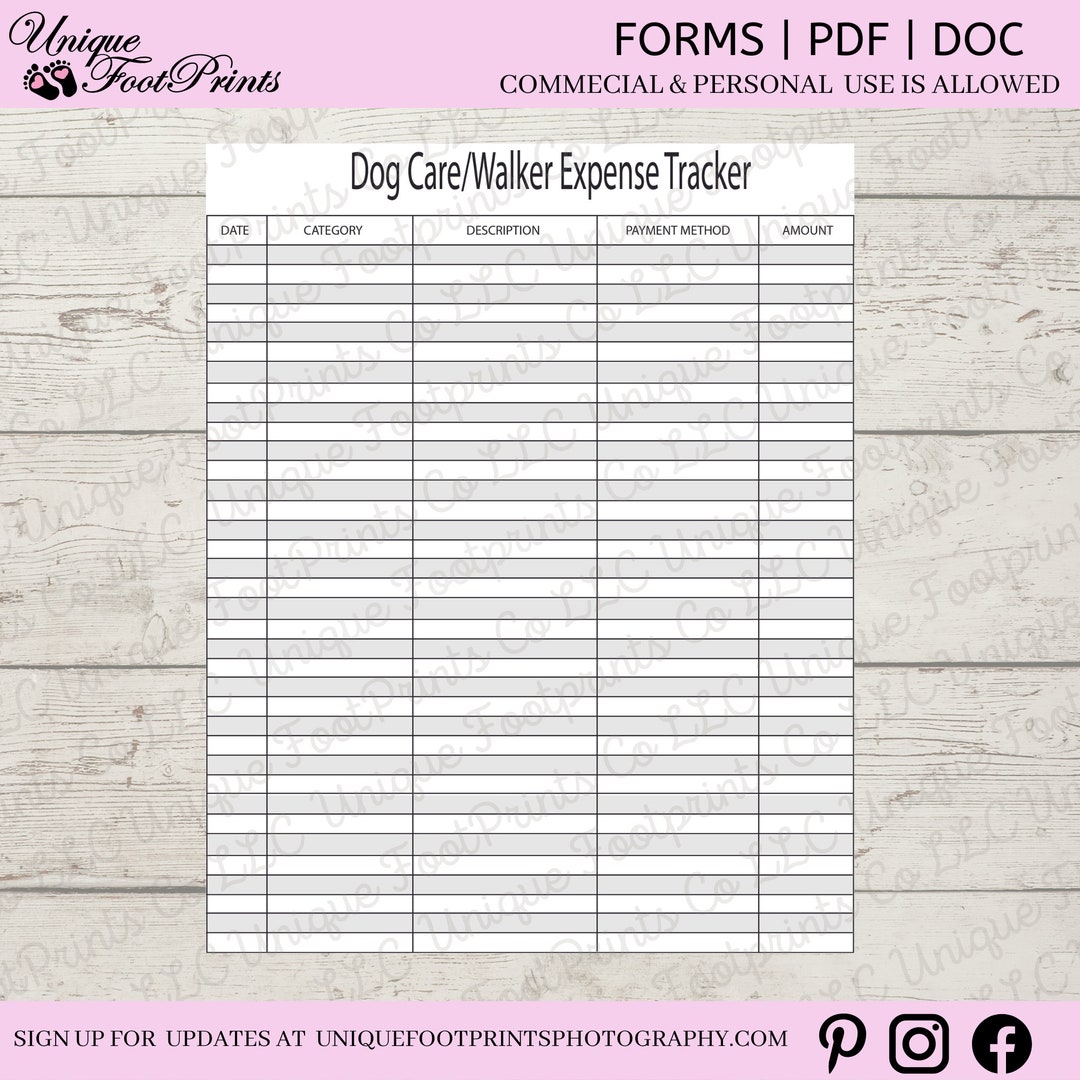 Dog Expense Tracker, Expense Form, Dog Daycare Expense Tracker, Dog ...