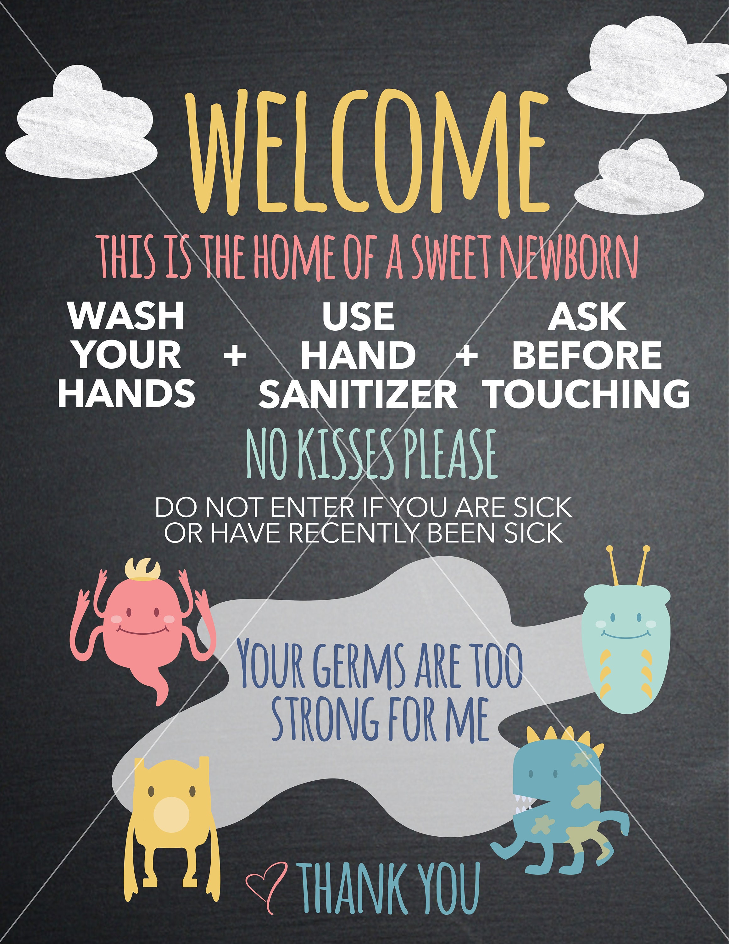 Newborn Wash Hands Sign, PRINTABLE INSTANT DOWNLOAD, Chalkboard Sign ...
