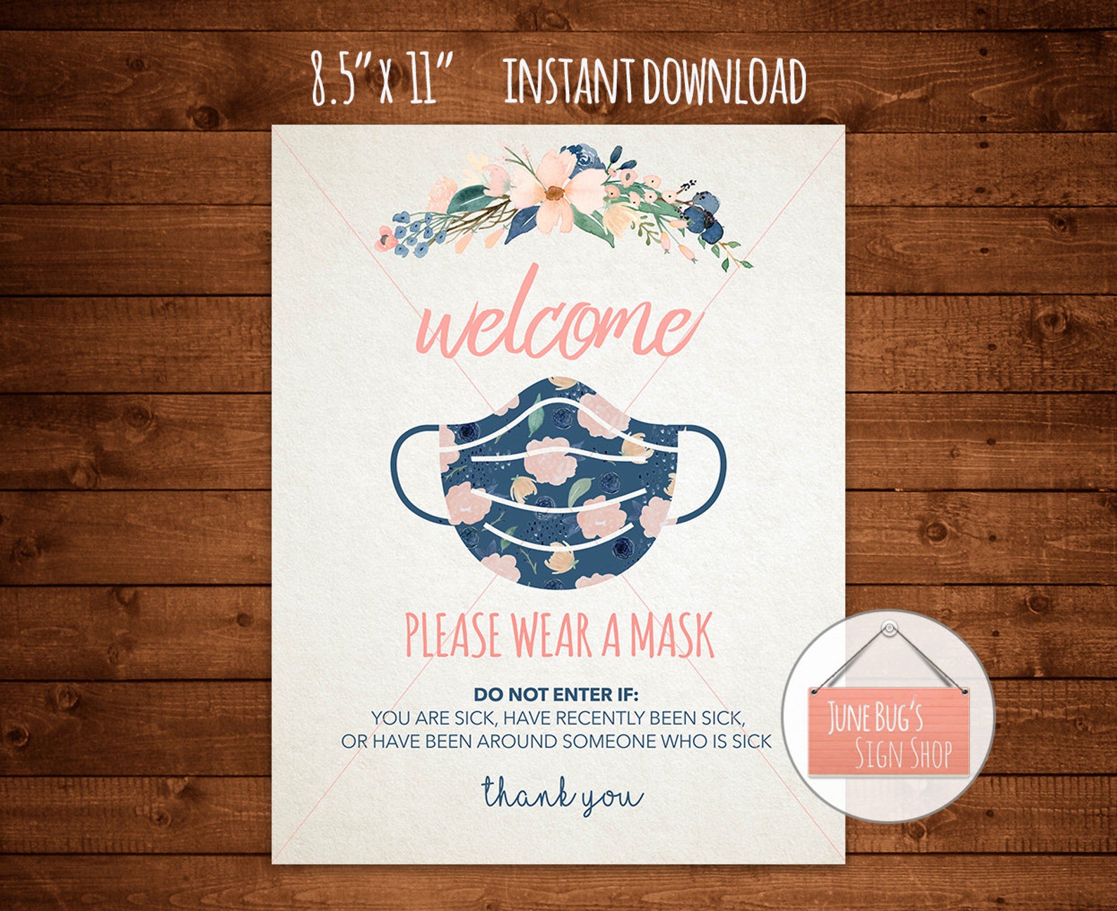 Wear A Mask Sign, Printable, INSTANT DOWNLOAD, Floral, Please Wear A ...