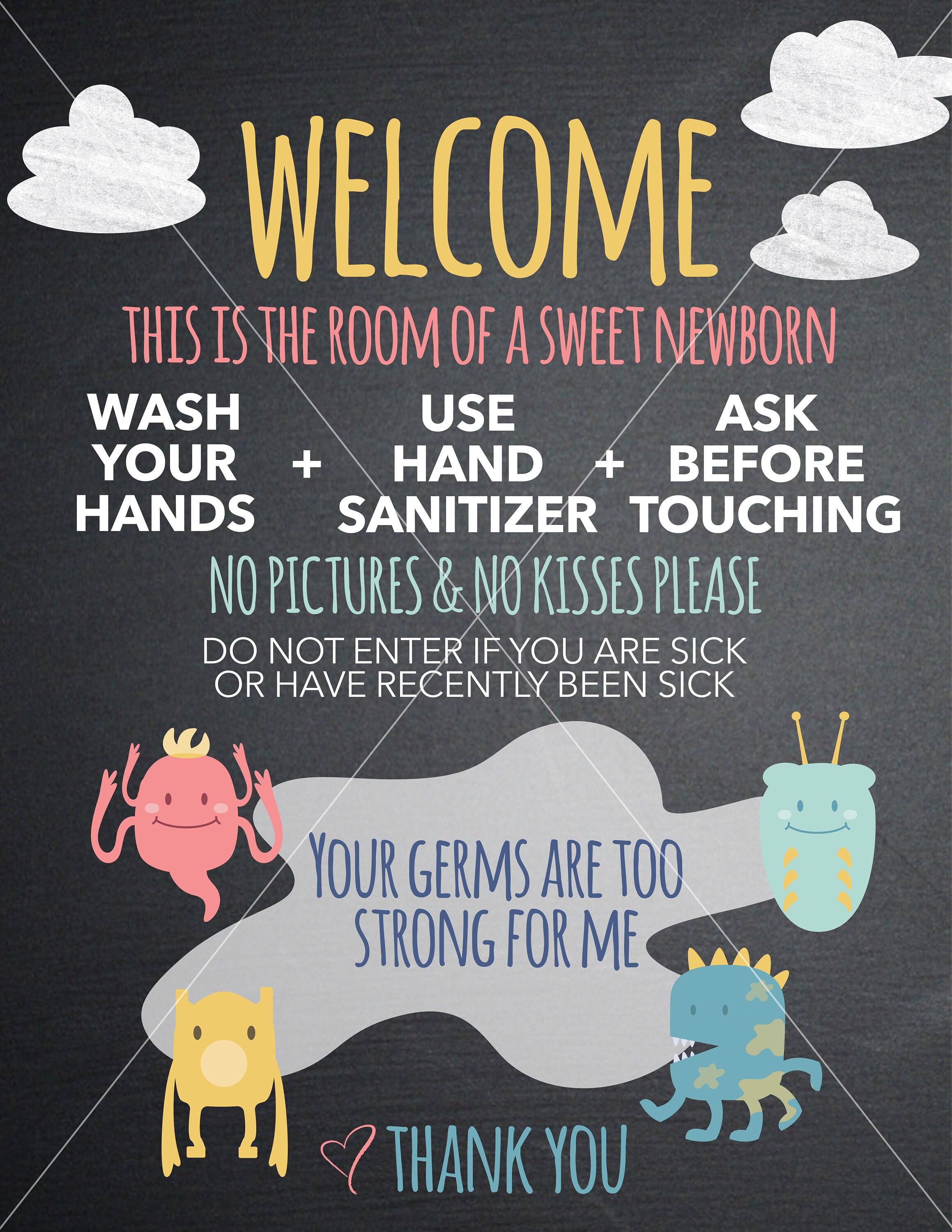 Newborn Wash Hands Sign, PRINTABLE INSTANT DOWNLOAD, Chalkboard Sign ...
