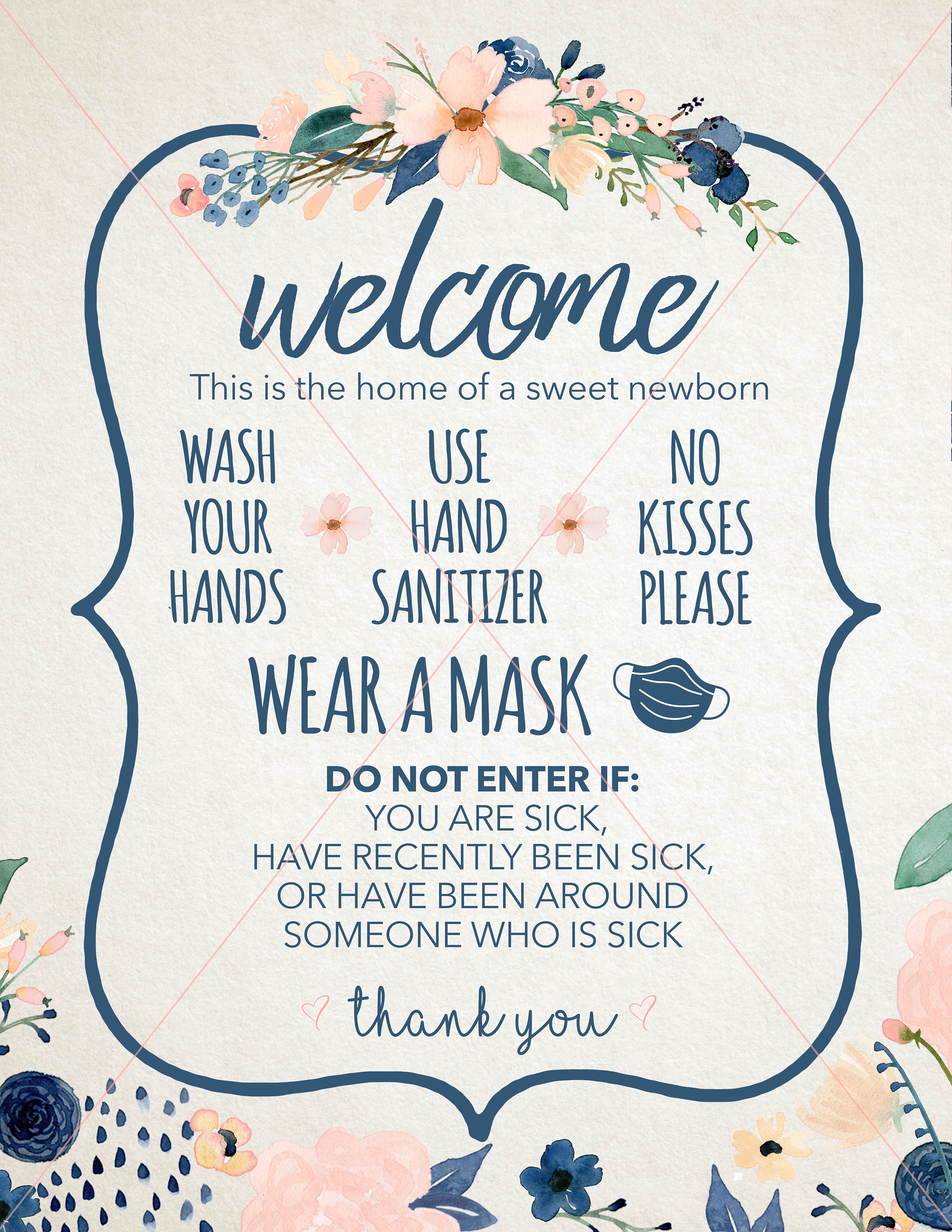 Newborn Wash Hands Welcome Sign Wear a Mask INSTANT DOWNLOAD - Etsy
