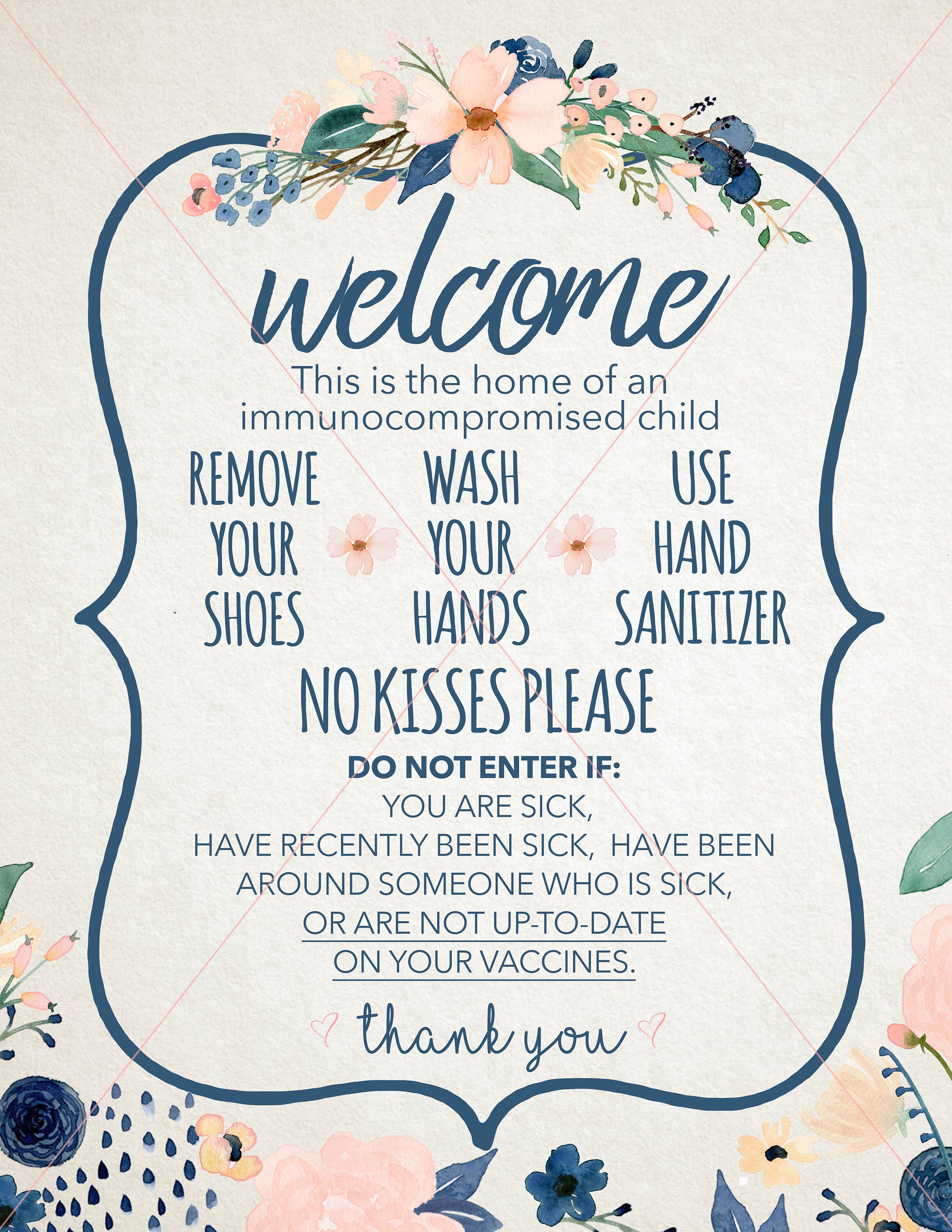 Immunocompromised Child/person Welcome Sign, Blue Border, INSTANT ...