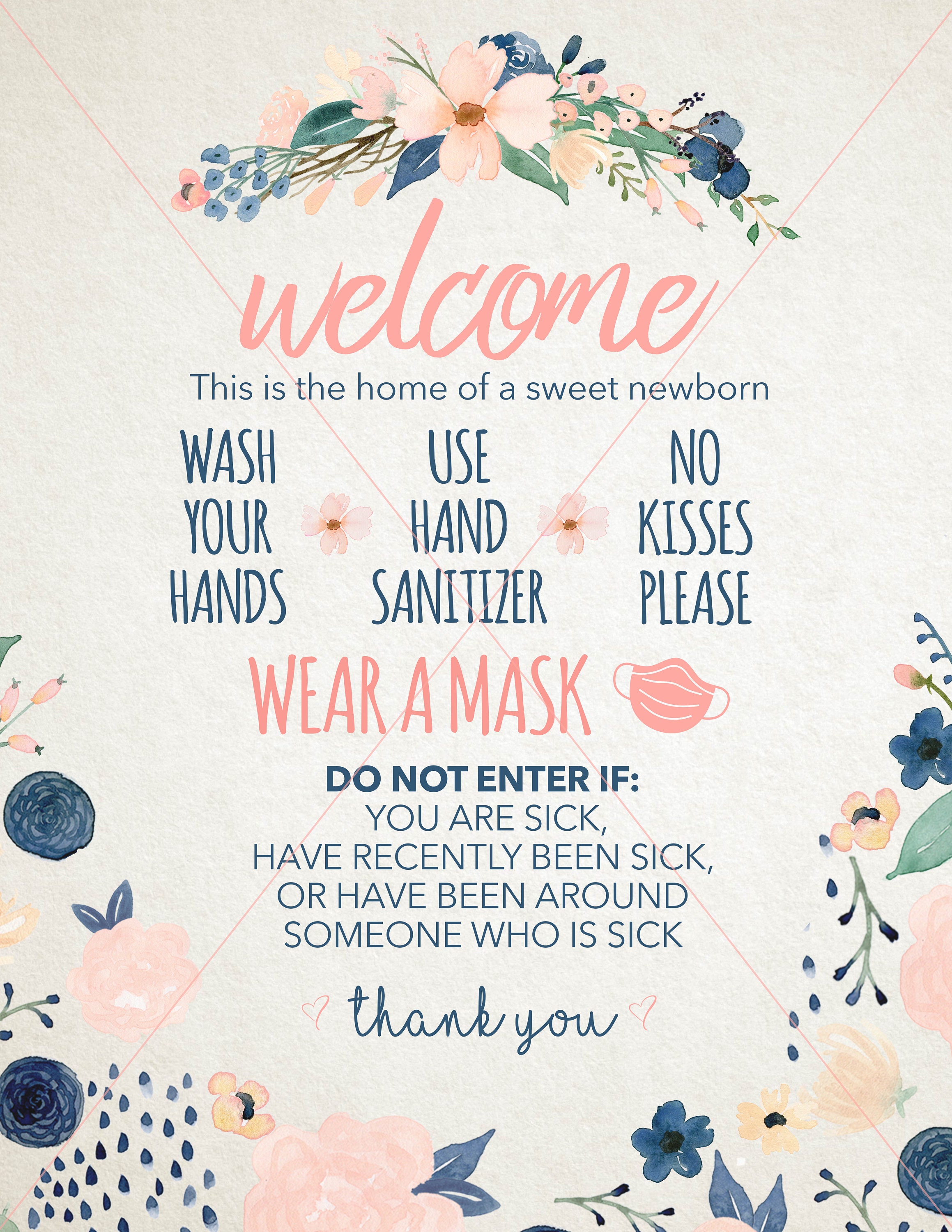 Newborn Wash Hands Welcome Sign Wear a Mask INSTANT DOWNLOAD - Etsy