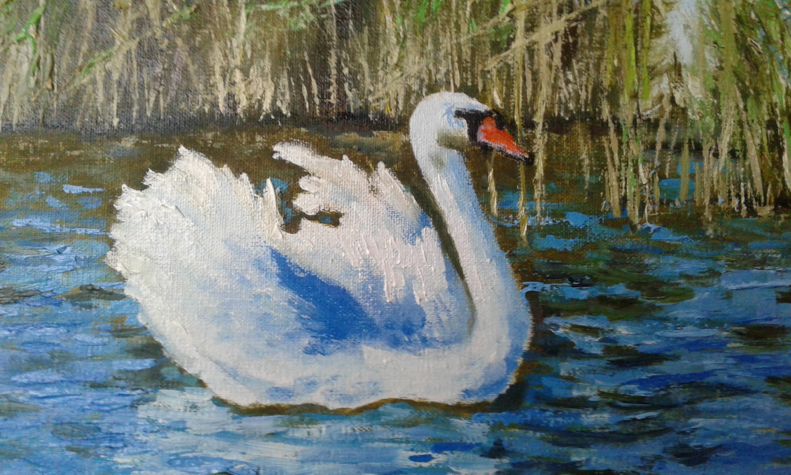 Swan Floating on the Blue Waters of a Pond. Original Oil Painting on ...