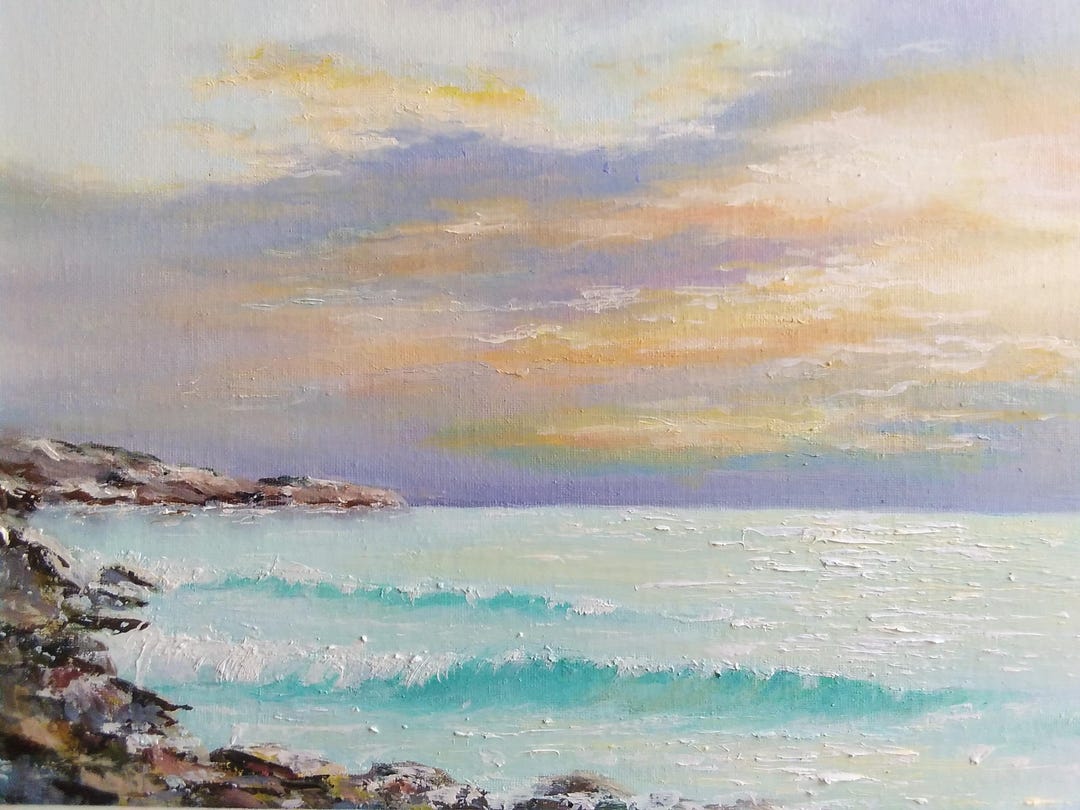 Original Seascape Sunset on the Ocean in the Gentle Colors Blue Ocean ...