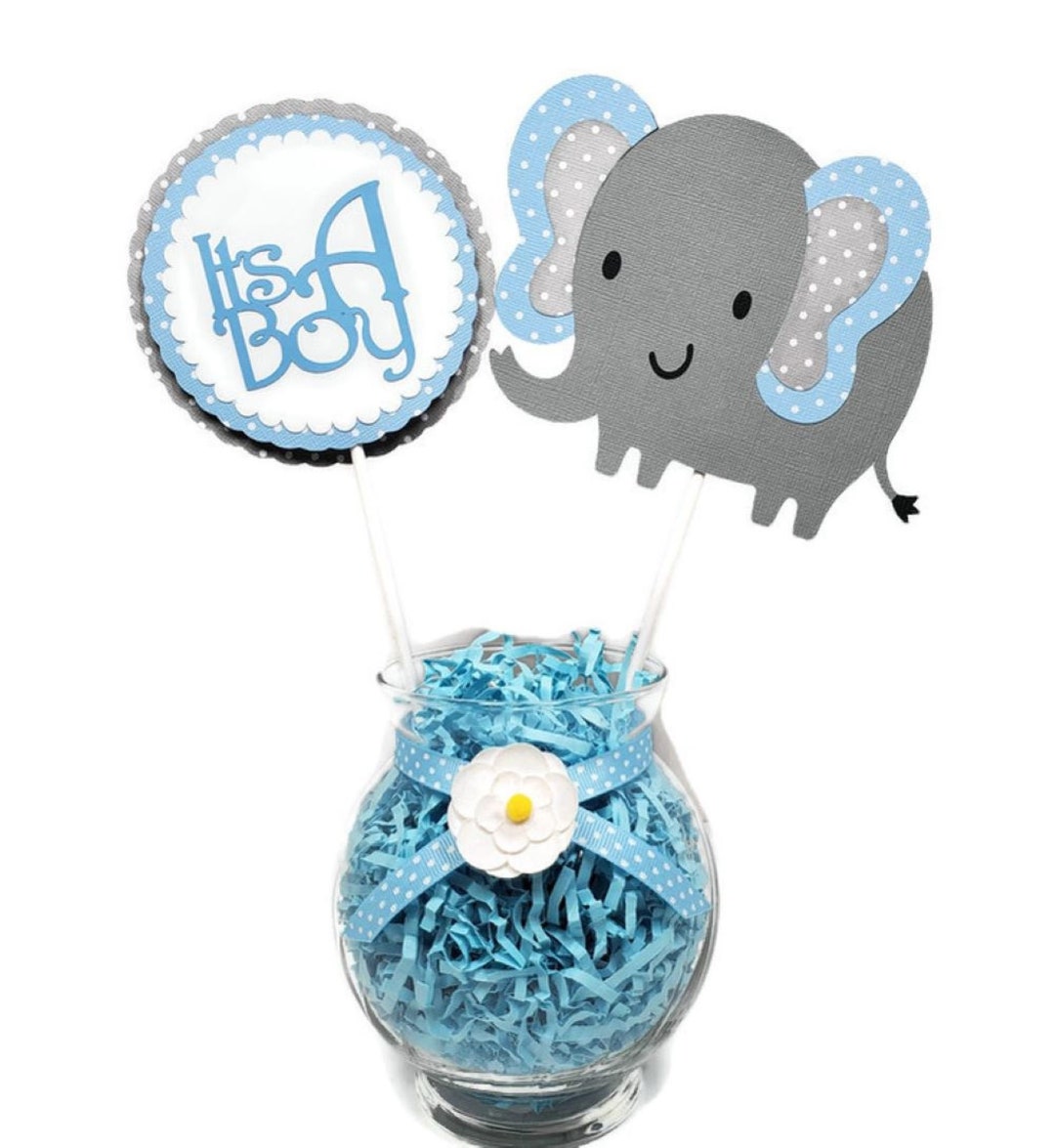 Boy Elephant Baby Shower Centerpiece Sticks, Cake Toppers, Blue & Gray ...