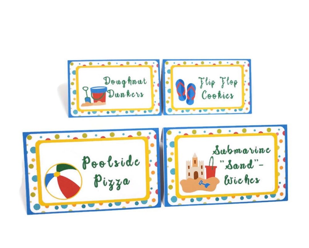 Pool Party Food Labels Tent Cards, Blue, Green, Yellow, Red Buffet ...