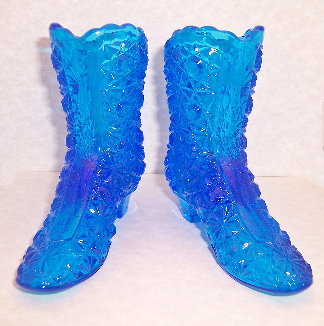 Vintage Fenton Cobalt Blue Glass Boots: Daisy Button Pattern, Pair - Etsy