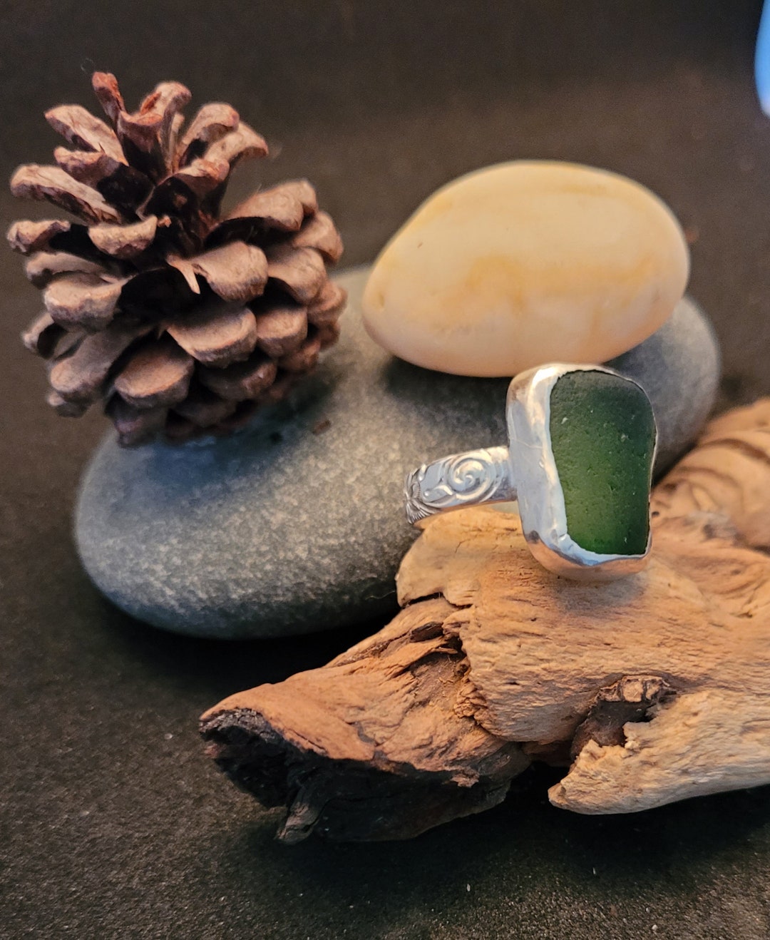 Handmade, Genuine Green Beach Glass Ring, Set in a Sterling Silver ...